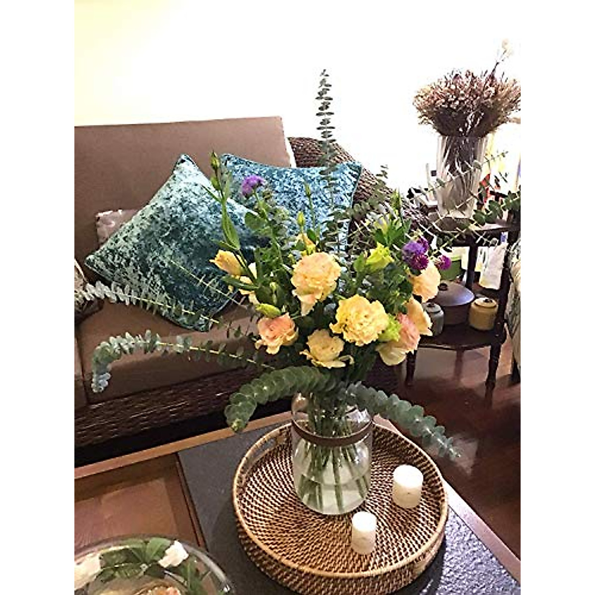 16.9 inch Rattan Tray, Round Wicker Tray with Cut-Out Handles, Woven Serving Tray for Dining/Coffee Table