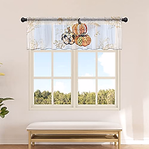 Chiffon Window Valance Kitchen Curtains Fall Thanksgiving Pumpkin White,Rod Pocket Tier Curtain Light Filter Panel,Farmhouse Gold Foil Botanical Windows Valances Drapes for Bedroom,Bathroom 54x18In
