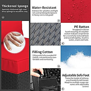 Patio Sectional Furniture Set 10-Piece Outdoor Wicker Conversation Sofa Couch with Red Non-Slip Cushions Furniture Cover Black PE Rattan