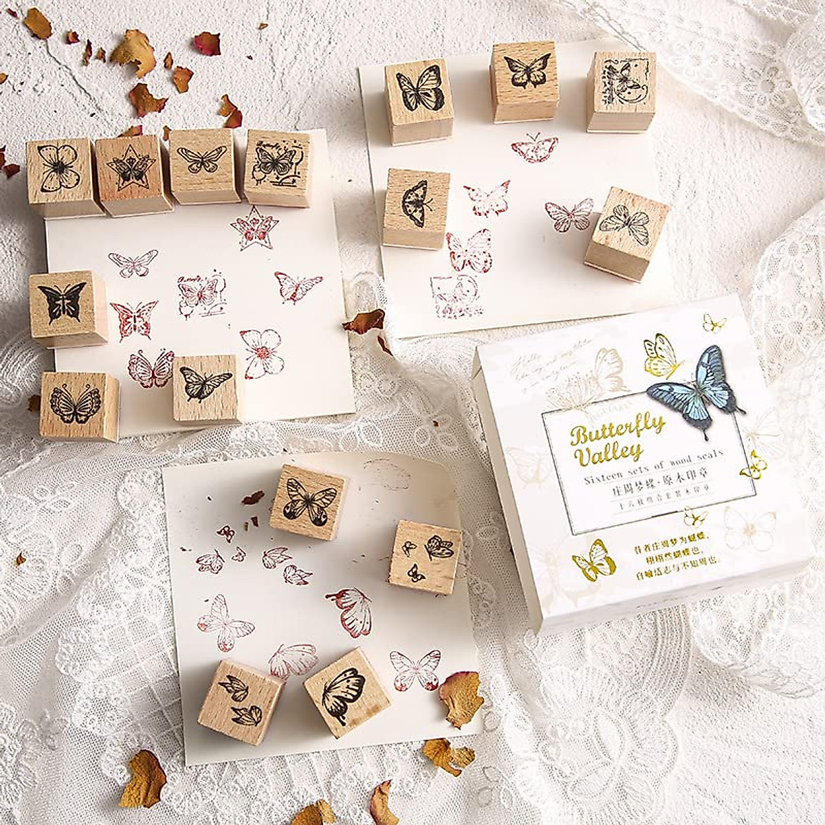 Tvoip 16 Pcs Wooden Rubber Stamp Set, Vintage Butterfly Scrapbooking Stamps Junk Journal DIY Craft Wooden Rubber Stamps Set for Scrapbook Album Diary Seal Stamps