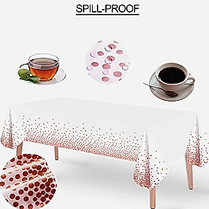 FECEDY 6 Packs 54 x 108inch Disposable Plastic Table Cover Waterproof for Rectangle White Background with Rose Gold dot for Indoor & Outdoor Birthdays Anniversary Buffet Table Party Decorations