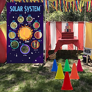 Solar System Science Toss Games Banner Backdrop Outer Space 9 Planets Universe Galaxy Theme Decor Decorations for Indoor Outdoor Boy Girl 1st Birthday Party Baby Shower Supplies Favors Background