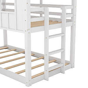 Bunk Bed Twin Over Twin, Twin Bunk Beds with Slide and 3 Steps Ladder, Wood House Bunk Bed, Low Bunk Beds Twin Over Twin for Girls, Boys and Teens