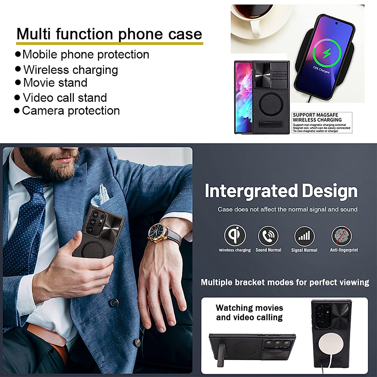 KUGEW for Samsung Galaxy S23 Ultra Case with Kickstand & Camera Cover, 3-Way Metal Stand[Horizontal & Vertical Stand] Luxury Leather Back Slim Fit Rugged Bumper Cover Heavy Duty Shockproof (Black)