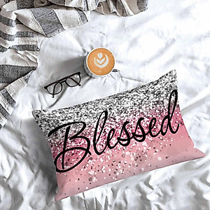 Mugod Rectangle Pillowcase Black Blessed on Silver Pink Dot Highlights,Throw Cushion Covers Rectangle Zipper Decor Sofa Couch Bedroom Living Room Home 20x30 Inches