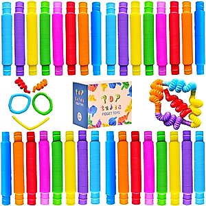 32Pack Pop Tubes, Fidget Tubes for Children and Adult Sensory Fidget Toy Set for Stress and Anxiety Relief Educational Learning Toys for Kids
