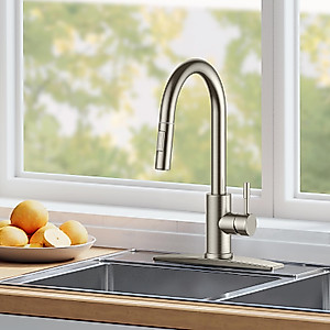 FORIOUS Kitchen Faucets, Brushed Nickel Kitchen Faucet with Pull Down Sprayer, Kitchen Sink Faucet Stainless Steel, High Arc Gooseneck Classic Faucet for Kitchen Sink, Bar, Farmhouse, Laundry