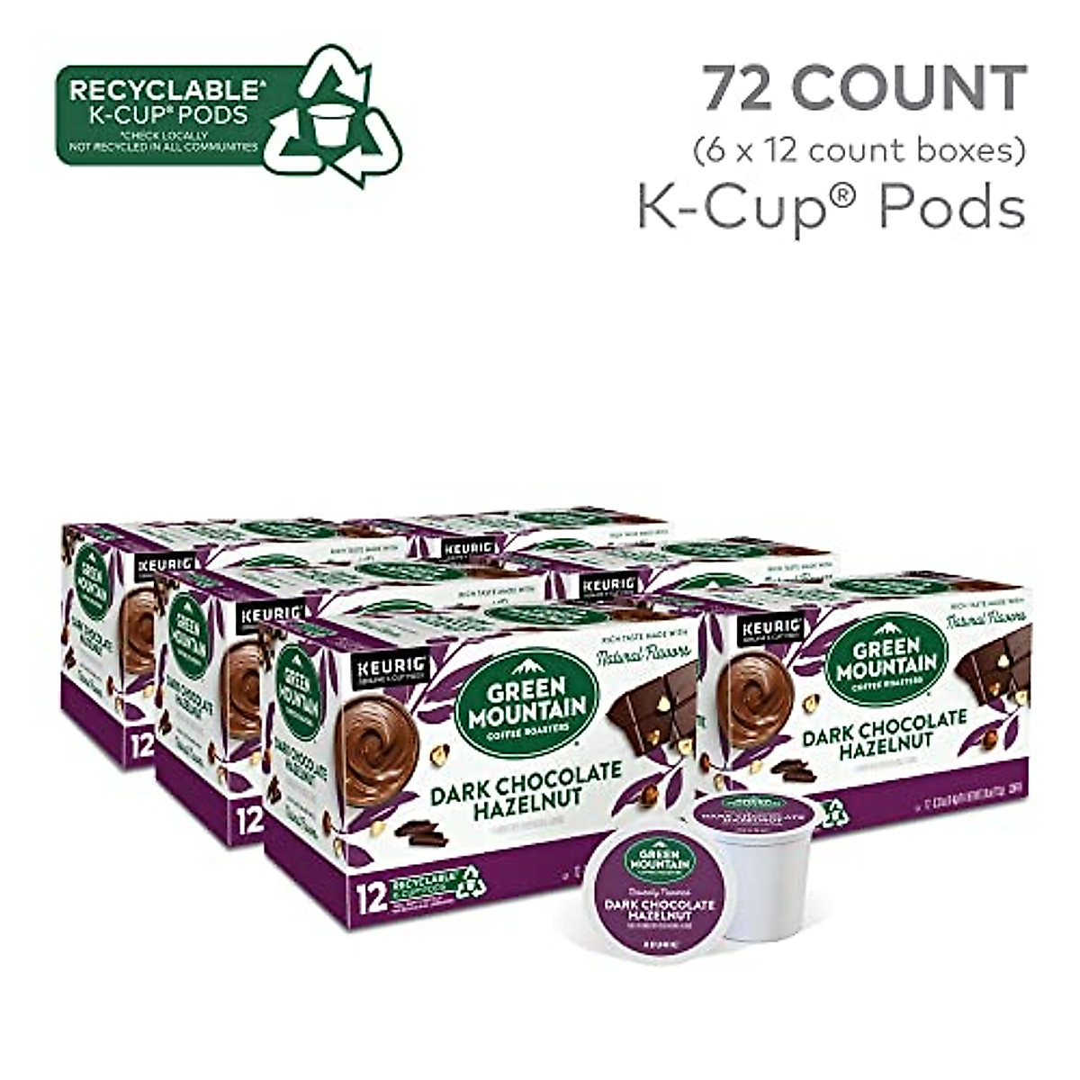 Green Mountain Coffee Roasters Dark Chocolate Hazelnut Coffee, Keurig Single Serve K-Cup Pods, 72 Count (6 Packs of 12)