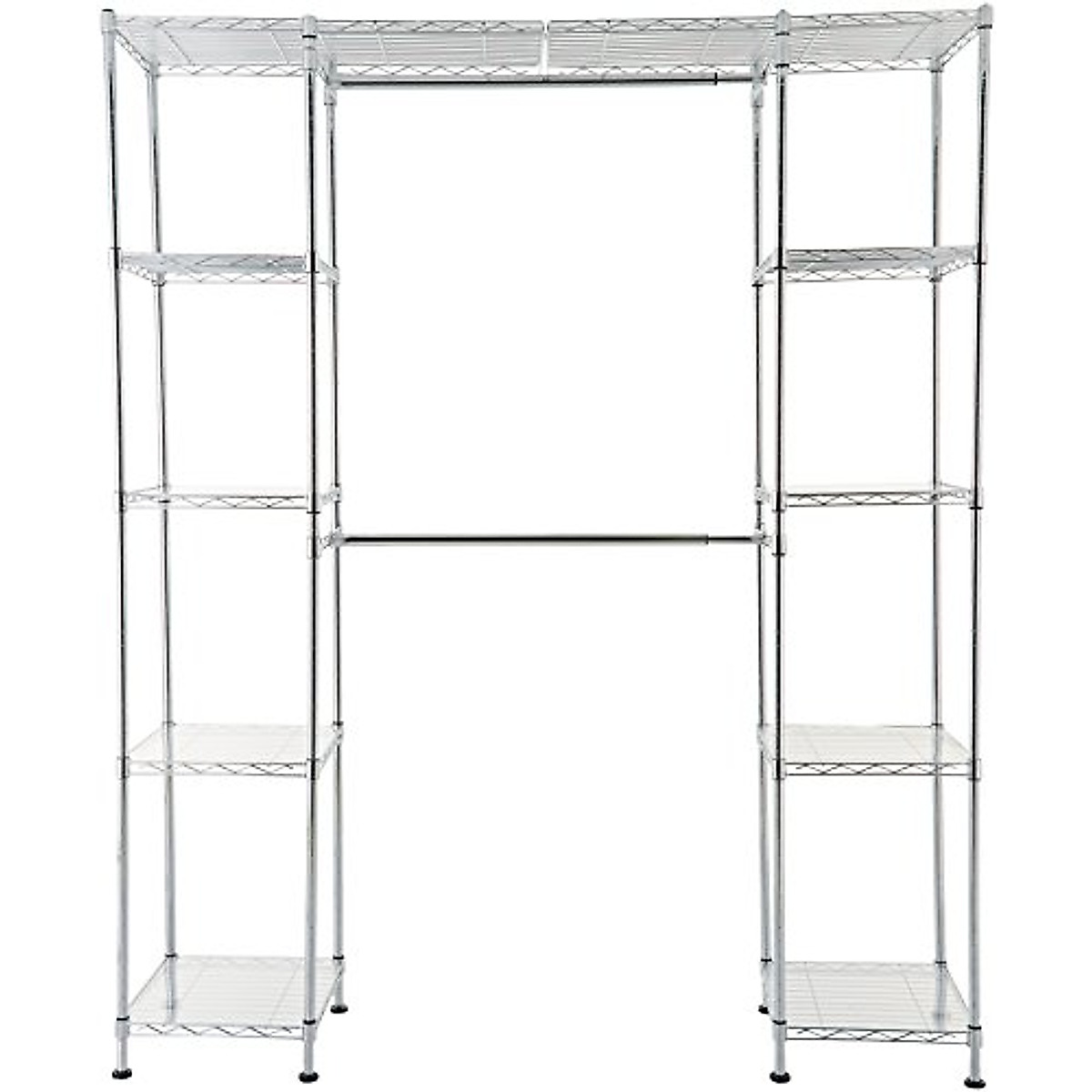 Amazon Basics Expandable Metal Hanging Storage Organizer Rack Wardrobe with Shelves, 14"-63" x 58"-72", Chrome & Collapsible Fabric Storage Cubes Organizer with Handles, Beige - Pack of 6