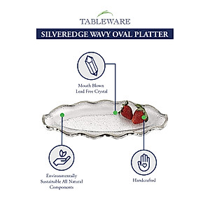 Badash Silveredge Glass Serving Tray - 14" x 7" Hand-Decorated Silver Edge Oval Tray or Platter - Food-Safe, Great for Entertaining & More