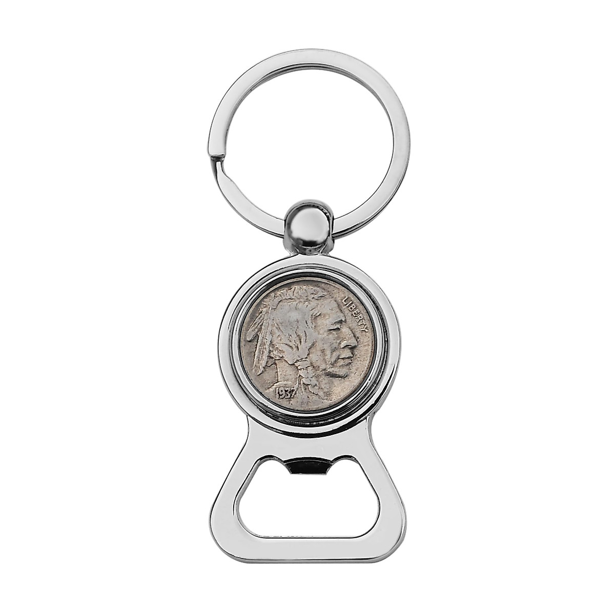 US 1937 Indian Head Buffalo Nickel 5 Cent Coin Silver Tone Key Chain Ring Bottle Opener NEW