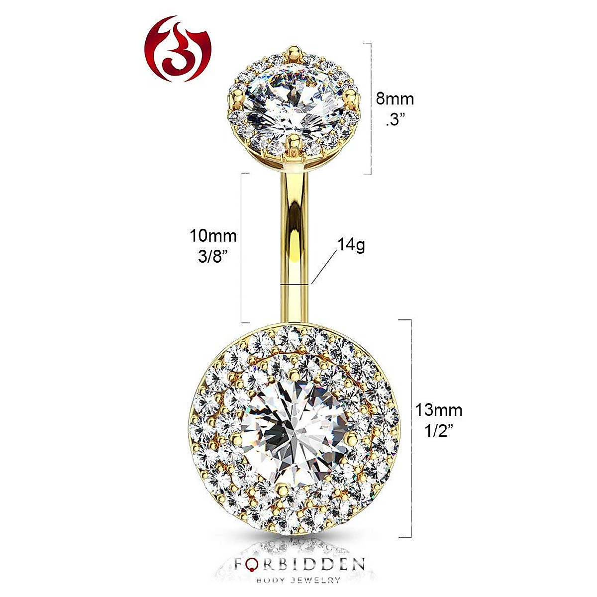 Forbidden Body Jewelry Internally Threaded Surgical Steel Large Double Tier Pave CZ Belly Ring w/Matching Top (Clr/Gold Tone)