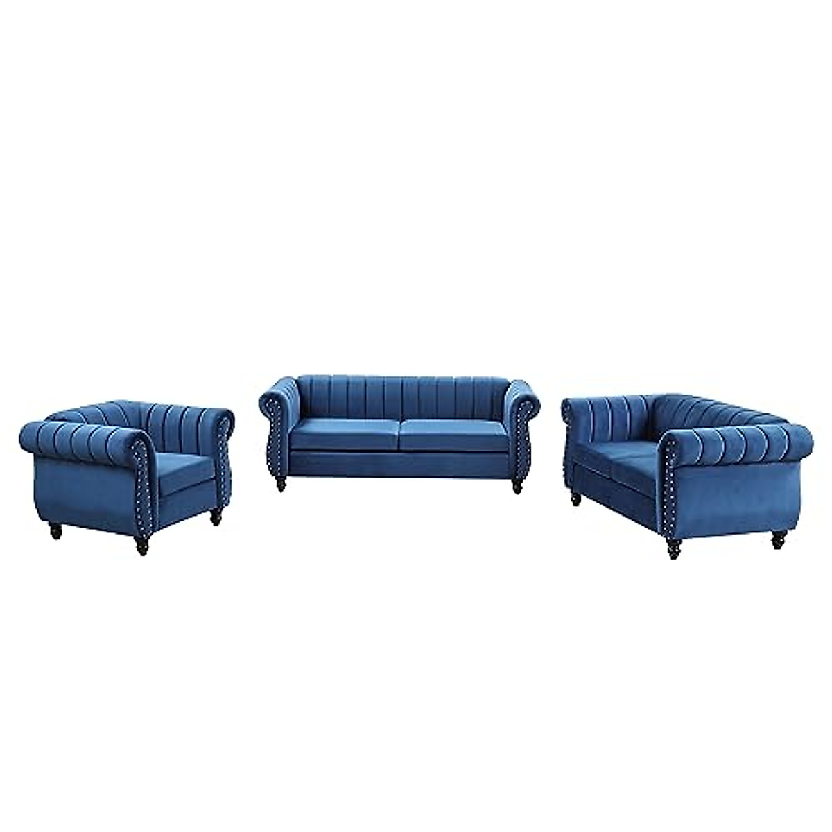 3-Piece Sofa Sets Living Room Sets with Solid Wood legs, Buttoned Tufted Backrest, Frosted Velvet Upholstered Couches Sets Including 3-Seat Sofa, Loveseat and Chair for Living Room (Blue)