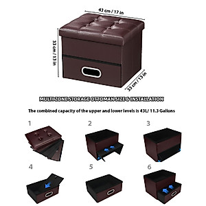 VewePata Multi Zone Folding Storage Ottoman 17 inches Leather Folding Ottomans Foot Rest Stool Storage for Living Room, Bedroom, Dorm. Double Storage Design with Thick Sponge.Brown