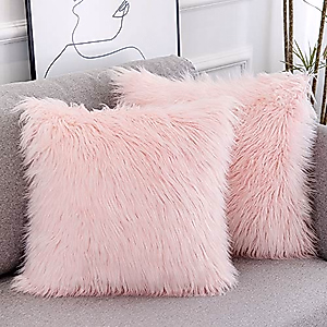 WLNUI Set of 2 Pink Fluffy Pillow Covers New Luxury Series Merino Style Blush Faux Fur Decorative Throw Pillow Covers Square Fuzzy Cushion Case 18x18 Inch