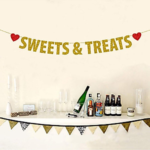 Sweets & Treats Banner, Gold Gliter Bunting Sign for Birthday/Engagement/Wedding/Retirement/Fiesta/Hen party/Graduation/Bridal Shower/Bachelorette Party Decorations