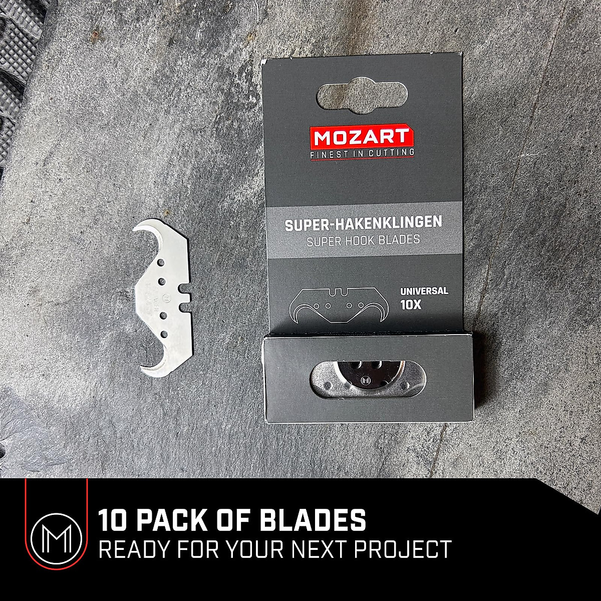 Mozart Universal Super Hook Utility Blade High-Carbon Ice Hardened Steel in dispenser, Ideal for Roofing, Flooring, Carpet, Drywall, Foam and other similar applications, Made in Germany (10 Pack)