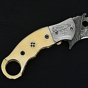 Custom Handmade Damascus Steel Karambit Folding Knife Pocket Knife Everyday Carrying Knife Camel Bone Handle with Leather Sheath