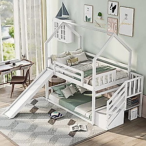 BOVZA Twin Over Twin House Bunk Bed with Convertible Slide, Wood Bunk Bed Frame with Stairs and Roof for Kids, Teens, Girls, Boys, White