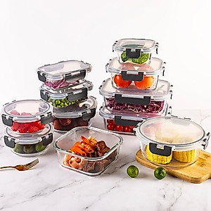 YARYOUNG 12 Pack Glass Food Storage Containers with Lids, Glass Meal Prep Containers, Airtight Glass Lunch Bento Boxes, BPA Free & Leak Proof