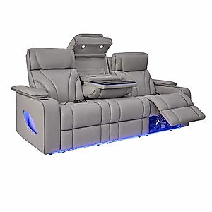 Armen Living Octavia Modern Zero Gravity Power Reclining Heated Massage Sofa, 86" Wide, Silver and Gray Top Grain Leather