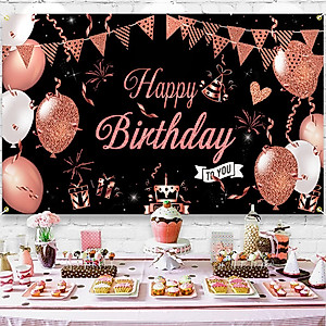 KOKAR Happy Birthday Decorations Banner, Large Black and Rose Gold Happy Birthday Banner Sign, Happy Birthday Backdrop for Girls Women Birthday Party Decorations