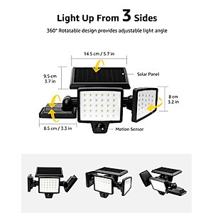 LE Solar Lights for Outside, Motion Sensor Outdoor Lights, WL4000 High Brightness, 3 Adjustable Heads 270° Wide Lighting Angle, IP65 Waterproof, Wireless Wall Lamp for Porch Yard Garage, 2 Packs