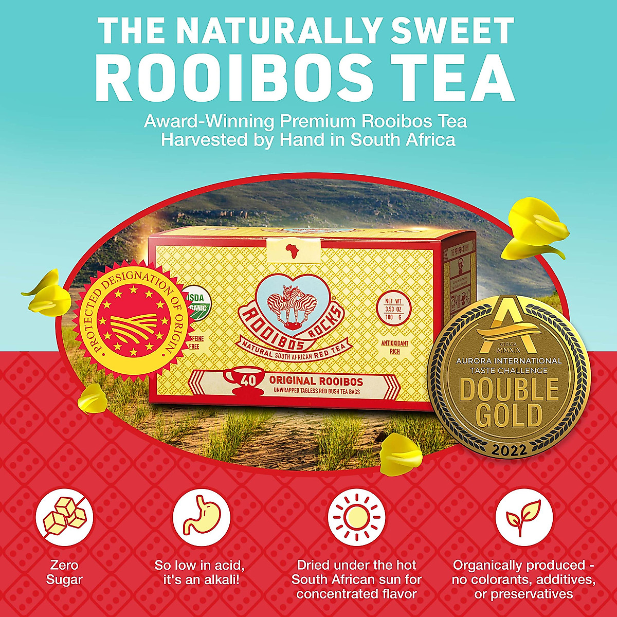 Caffeine Free Red Rooibos Tea Bags 40 - Naturally Sweet Herbal Tea Safe for Children and Pregnant Women - Low Tannin, Premium Organic Rooibos Tea Sustainably and Ethically Farmed in South Africa