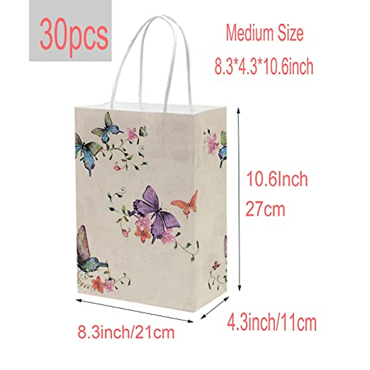 30pcs Gift Bags Kraft Paper Bags with Handle 10.62 x8.26x4.33 inches Party Favor Bags for Baby Shower Kids Birthday Wedding Xmas Party Supplies Restaurant takeouts, and Store Owners (Pack of 30), Beige(Flower )