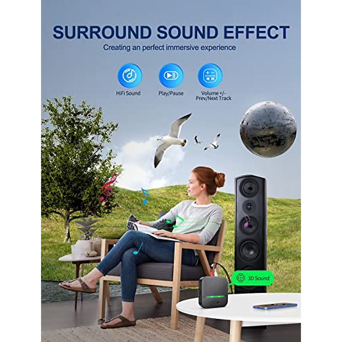 COMSOON Bluetooth Receiver for Car/Home Stereo/Speakers, 3D Surround Sound Bluetooth Car Stereo Digital Media Receivers for Music Streaming/Hands-Free Calling + 3.5mm AUX/RCA Cable