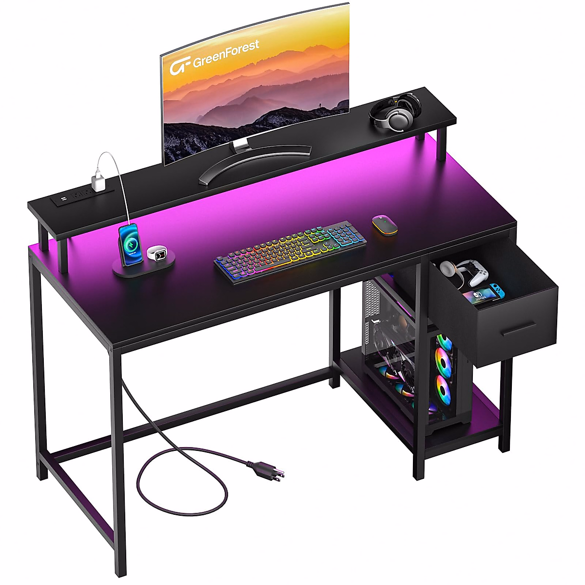 GreenForest Gaming Desk 39 Inch with LED Lights and Monitor Stand, Computer Desk with Drawer for Small Spaces, Office Desk with Power Outlets and Shelf, Black