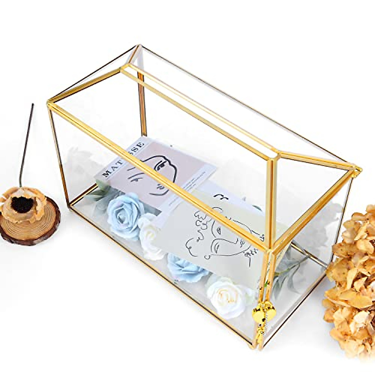 Ripprovt Glass Wedding Card Box with Lock, 12.6x5.9x9 inches Large Gold Card Boxes for Wedding Reception, Keepsake Display, Graduation, Party Centerpiece Decorative Box