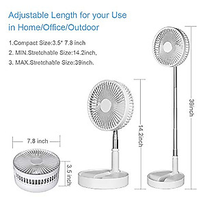 Portable Foldable Cordless Fan Rechargeable, Portable Pedestal Fan Foldaway Standing Fan Desk and Floor Fan Wireless with 7200Mah Battery Operated Standing Fan for Home Kitchen Outdoor Camping (White)