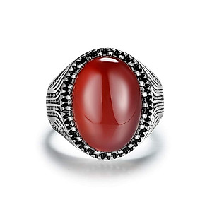 JIANGXIN Handmade Turkish Red Onyx Solitaire Oval cut Agate Unisex Cocktail Ring for Men Women size 11
