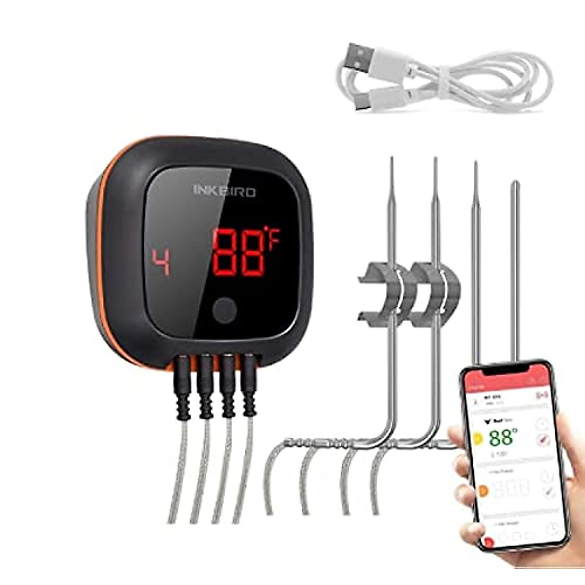 Inkbird Bluetooth Grill BBQ Meat Thermometer with 4 Probes Digital Wireless Grill Thermometer, Timer, Alarm,150 ft Barbecue Cooking Kitchen Food Meat Thermometer for Smoker, Oven, Drum