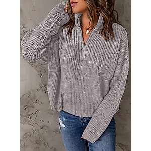 EVALESS Sweaters for Women Cable Knit Long Sleeve Tops Quarter Zip Pullover Sweater for Women Dressy Casual Fall Outfits Trendy 2024 Winter Work Clothes Sexy V Neck Oversized Gray Sweater，Small