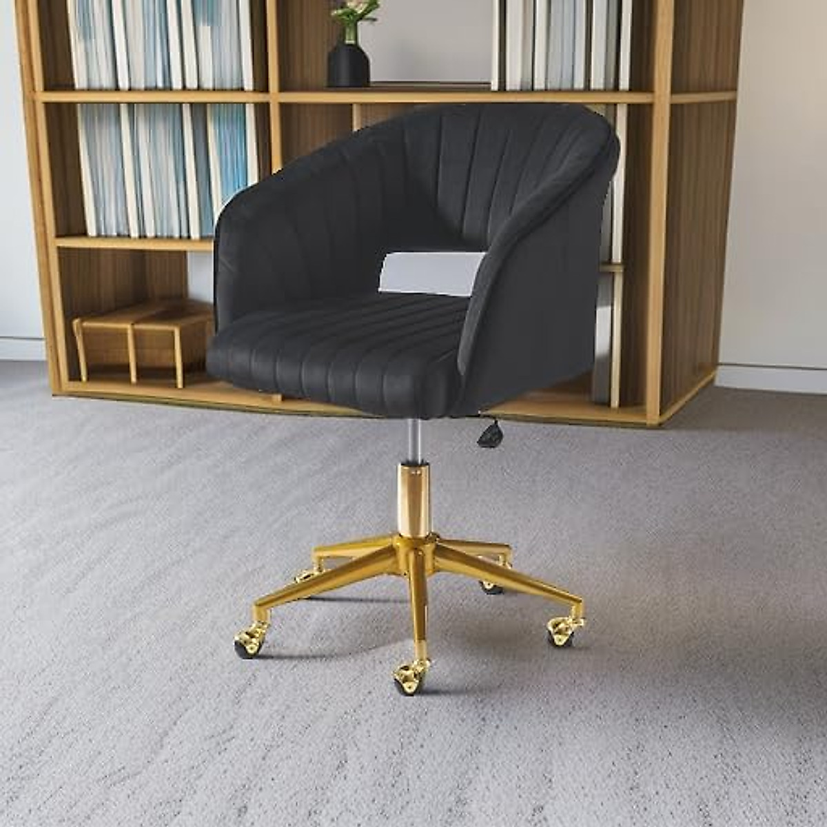 Kiztir Velvet Home Office Chair, Modern Swivel Desk Chair with Gold Base, Round Solid Wheel, Adjustable Vanity Chair for Study, Living Room, Bedroom (Black)