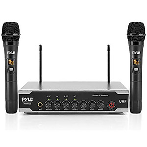 Pyle Portable Uhf Wireless Microphone System - Battery Operated Dual Bluetooth Cordless Microphone Set, Includes 2 Handheld Transmitter mic, Receiver Base, Aux, RCA, for PA Karaoke DJ Party -PDWM2125