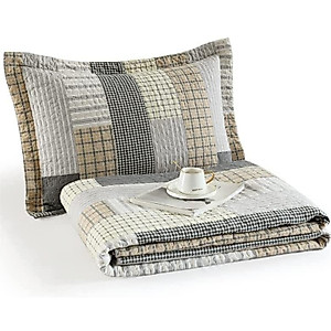 Cinefoso Queen Size Quilt, Patchwork Plaid Quilt Set Queen Size 100% Cotton Farmhouse Plaid Bedspread Lightweight & Reversible Quilt Bedding Set All-Season 3-Pieces