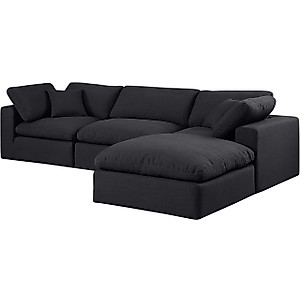 Meridian Furniture 187Black-Sec4A Comfy Collection Modern | Contemporary Upholstered Modular Sectional, Black Linen Textured Fabric Upholstery, Down Feather Cusions, 119" W x 79" D x 34.5" H, Black