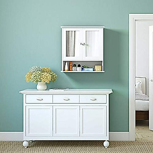 Tangkula Bathroom Cabinet Wall Mounted with Double Mirror Doors, Wood Hanging Cabinet with Doors and Shelves, Bathroom Wall Mirror Cabinet (White)