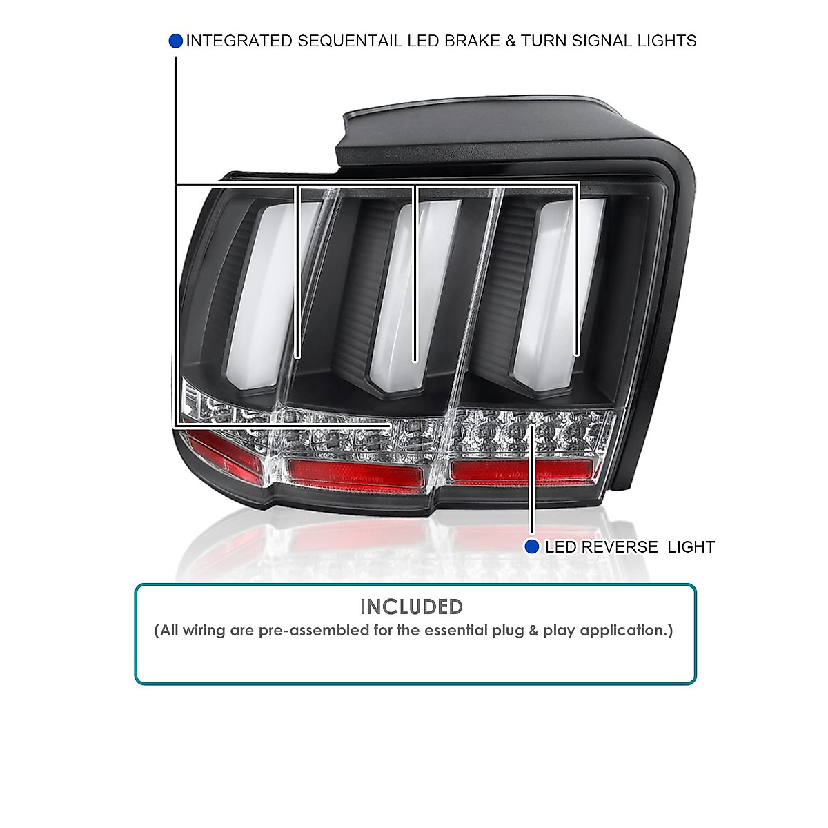 SPEC-D TUNING Black Housing Clear Lens Sequential LED Bar Tail Lights Compatible with 1999-2004 Ford Mustang, Left + Right Pair Assembly