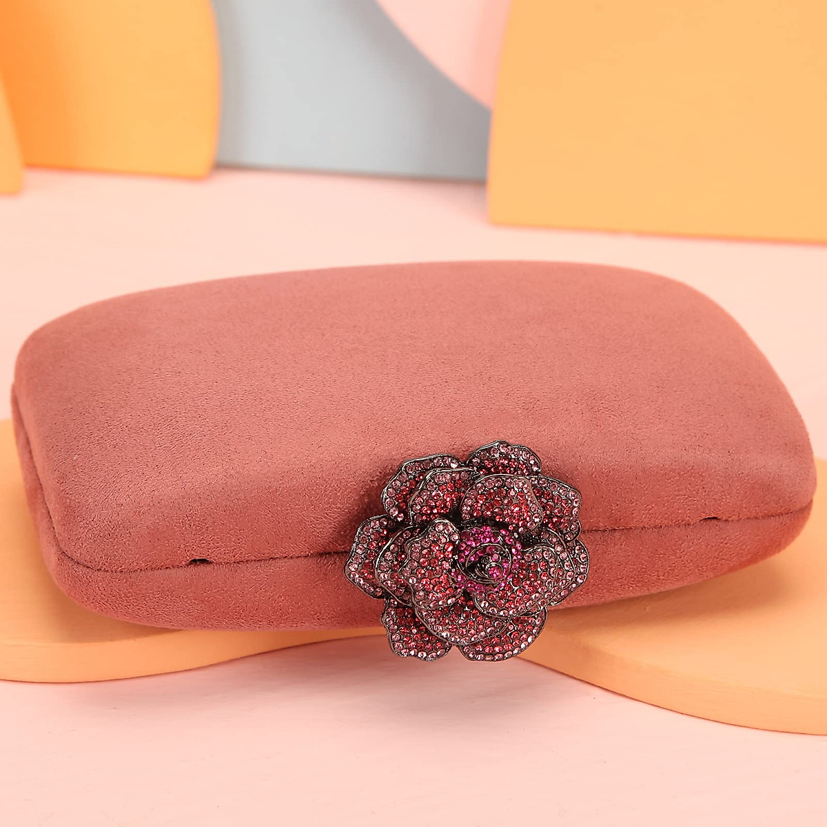 Fawziya Evening Clutch Bling Rhinestone Rose Velvet Novelty Medium Purses For Women Formall-Pink