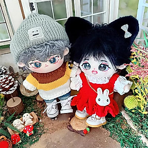 niannyyhouse Doll Clothes Suit 7.8in/20cm Plush Doll Clothes Hat + Sweater + Shorts 3-Piece Set Doll Dressup Square Face Hat Denim Shorts White Sweater (Brown)