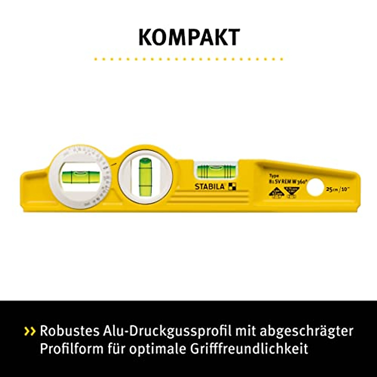 Stabila 16670/0 25 cm"Torpedo Type 81 SV REM W360" Spirit Level With Bag - Yellow/Black