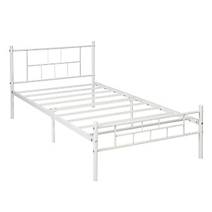 Liink1Ga White Twin Bed Frames with Headboard, Twin Bed Frame No Box Spring Needed, No Squeaky, Easy to Assemble Twin Size Bed Frames, Country Rustic Style