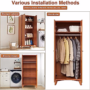 OKD Storage Cabinet w/Adjustable Shelves, 72" Tall Mid Century Modern Kitchen Pantry with Door, 20" Deep Armoire Closet w/Hanging Rod Versatile Storage for Bathroom, Laundry, or Living Room, Cherry