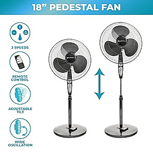 Comfort Zone Oscillating Pedestal Fan with Remote Control, Stand Fan, 18 inch, 3 Speed, Adjustable Height & Tilt, & Timer, Auto Shutoff, Ideal for Home, Bedroom & Office, Airflow 17 ft/sec, CZST181RBK