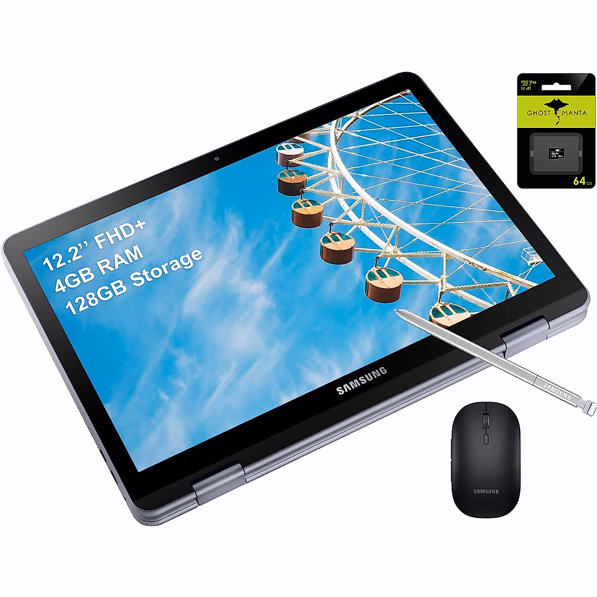 SAMSUNG Plus V2 2 in 1 360 12.2" FHD+ Touchscreen Chromebook Student, Intel Celeron 3965Y, 4GB RAM, 128GB Storage, Wi-Fi, Zoom Meeting, Dual Webcam, Stylus Pen, Wireless Mouse, Chrome OS, GM Accessory