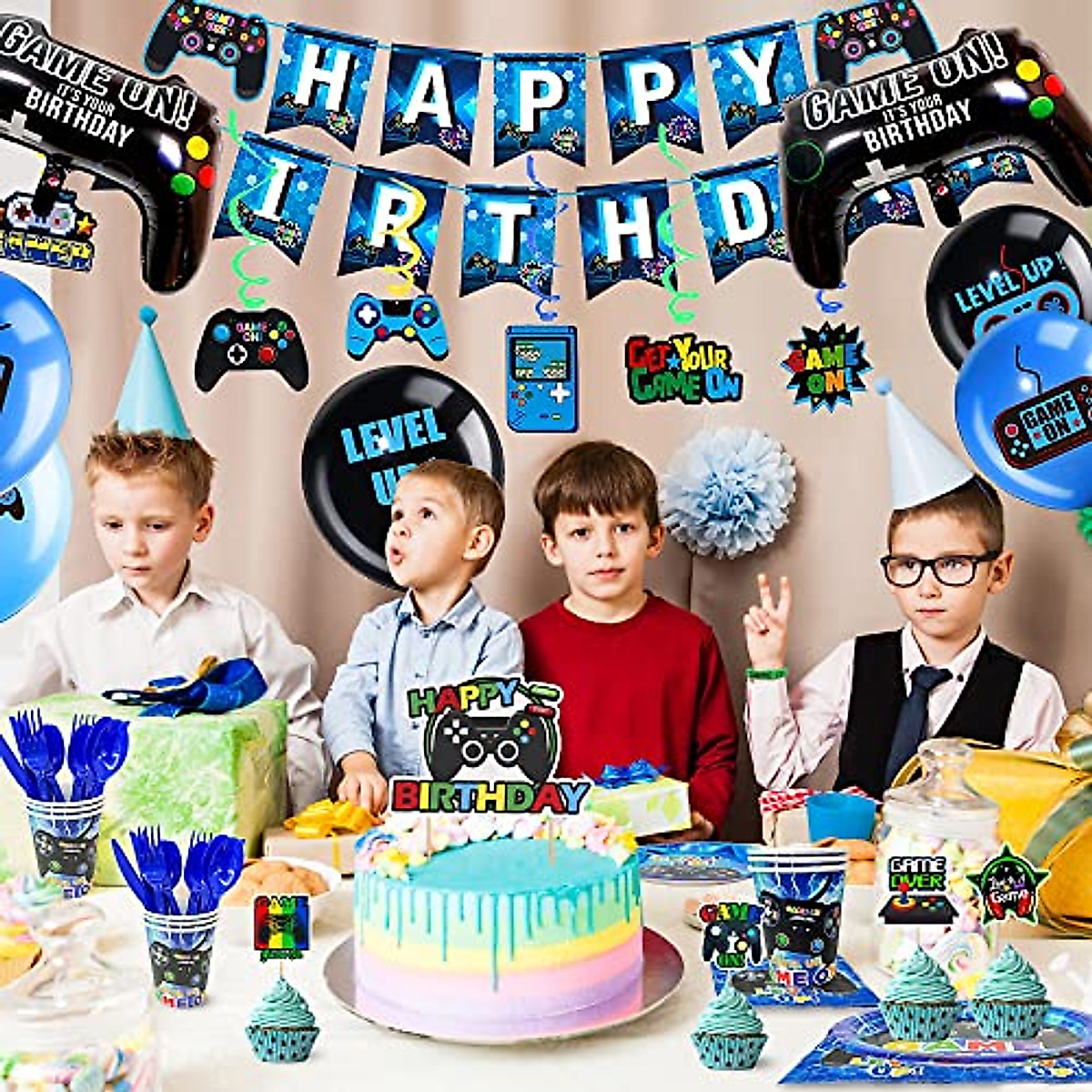 213pcs Video Gamer Birthday Party Decorations & Video Game Party Tableware Supplies Set - Video Game Party Plates Cups Napkins Tablecloth Banner Balloons etc Game Themed Party Decorations for Boys